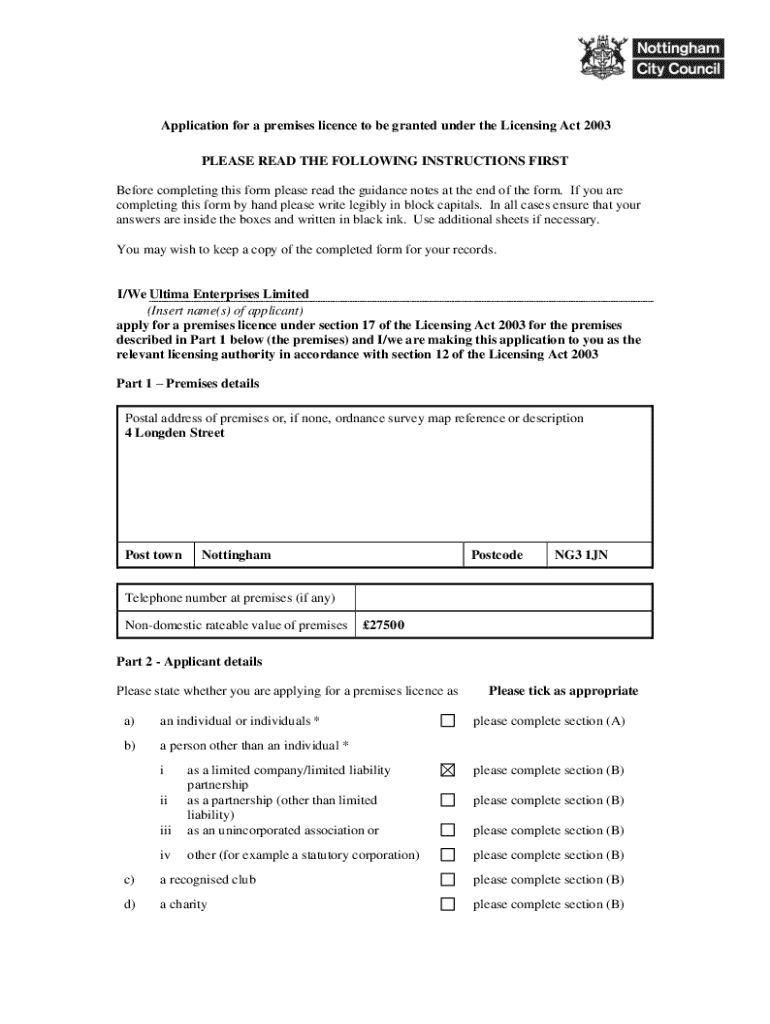 Fillable Online Application for a Premises Licence Under the Licensing Act 2003 Fax Email Print ...