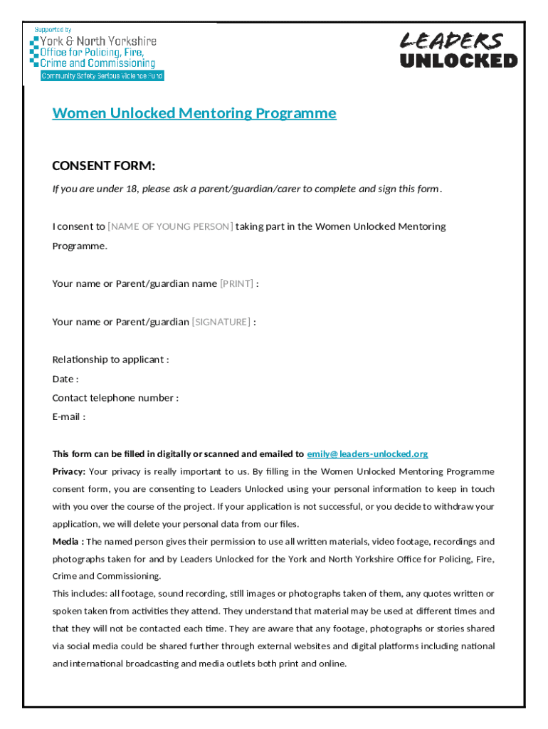 Women Unlocked Mentoring Programme Consent Doc Template | pdfFiller