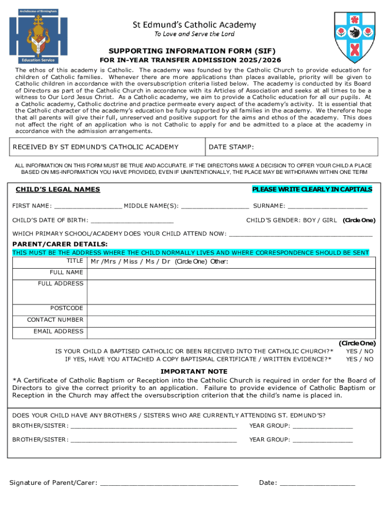 Fillable Online for in-year Transfer Admission 2025/2026 Fax Email ...