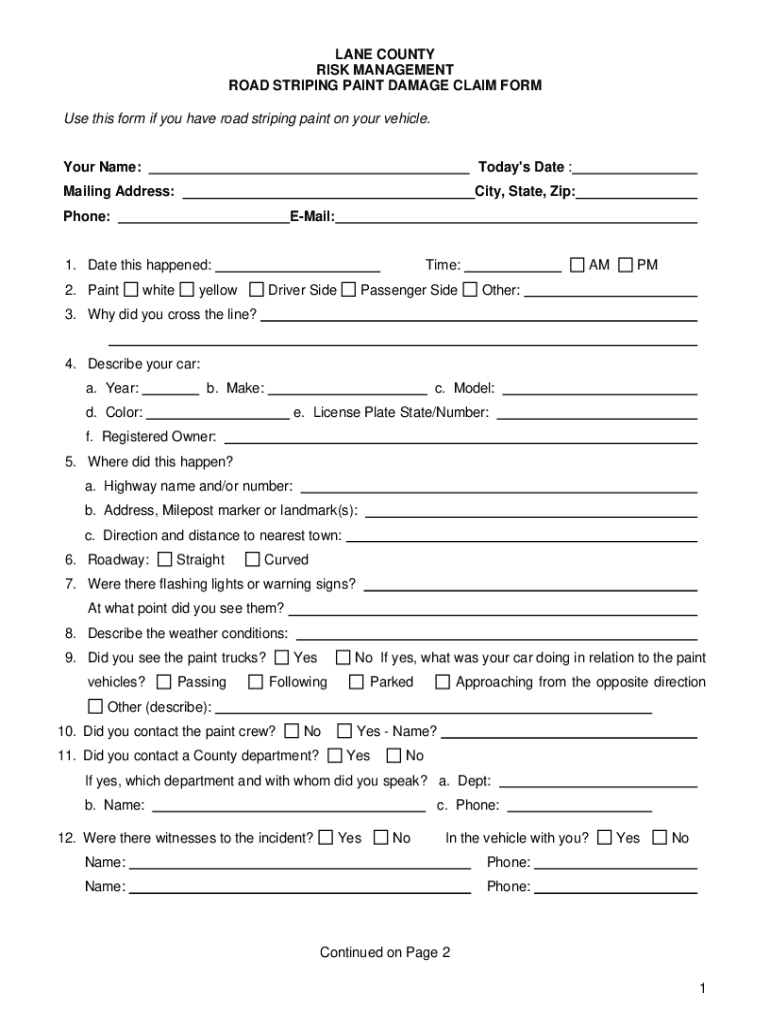 Fillable Online Lane County Risk Management - Road Striping Paint ...