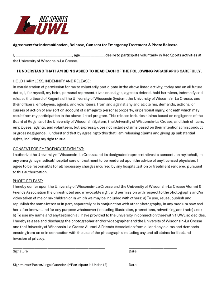 Fillable Online Agreement for Indemnification, Release, Consent for Emergency Treatment & Photo ...