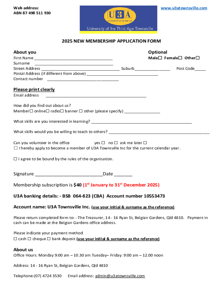 Fillable Online 2025 New Membership Application Form for U3a Townsville Inc Fax Email Print ...