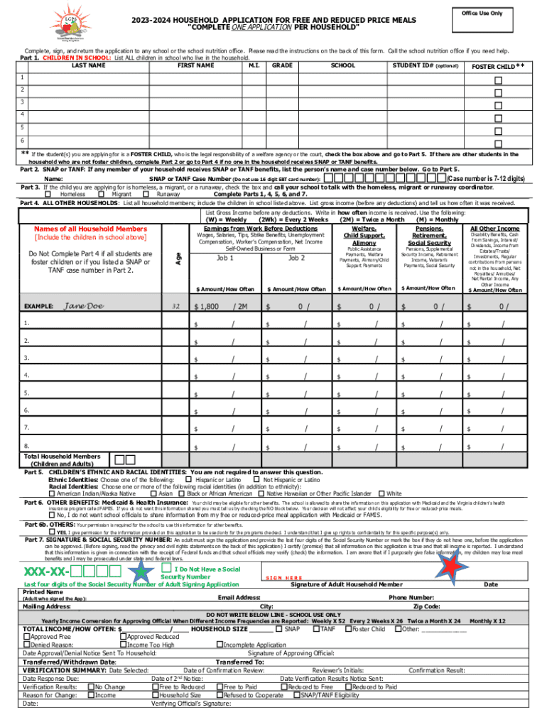 Fillable Online Household Application for Free and Reduced Price Meals ...