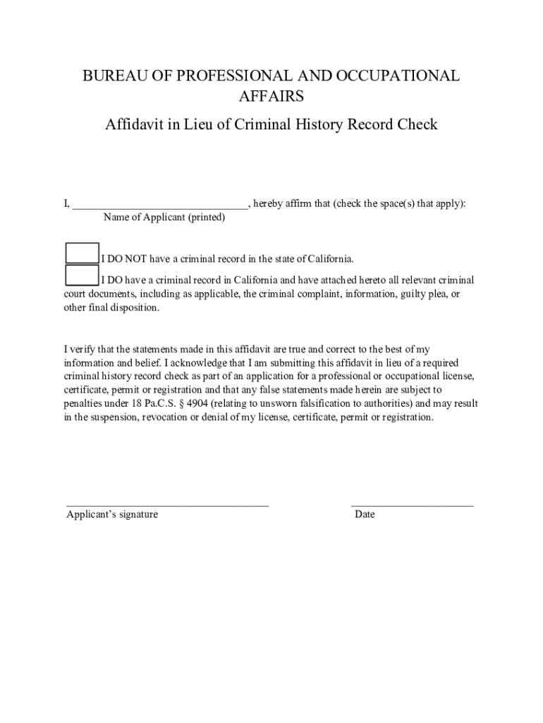 Fillable Online Affidavit in Lieu of Criminal History Record Check Fax ...