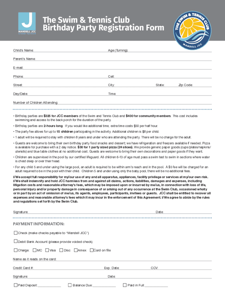 Fillable Online the Swim & Tennis Club Birthday Party Registration Fax ...