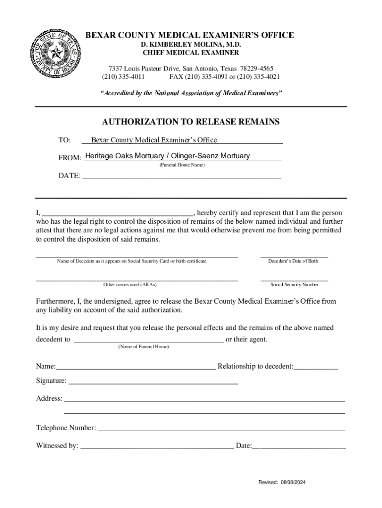 Fillable Online Authorization to Release Remains - Bexar County Medical ...