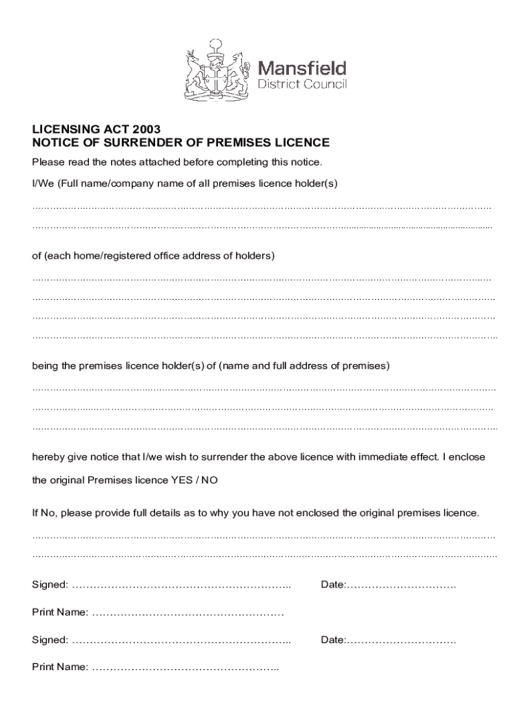 Fillable Online Licensing Act 2003 - Notice of Surrender of Premises Licence Fax Email Print ...