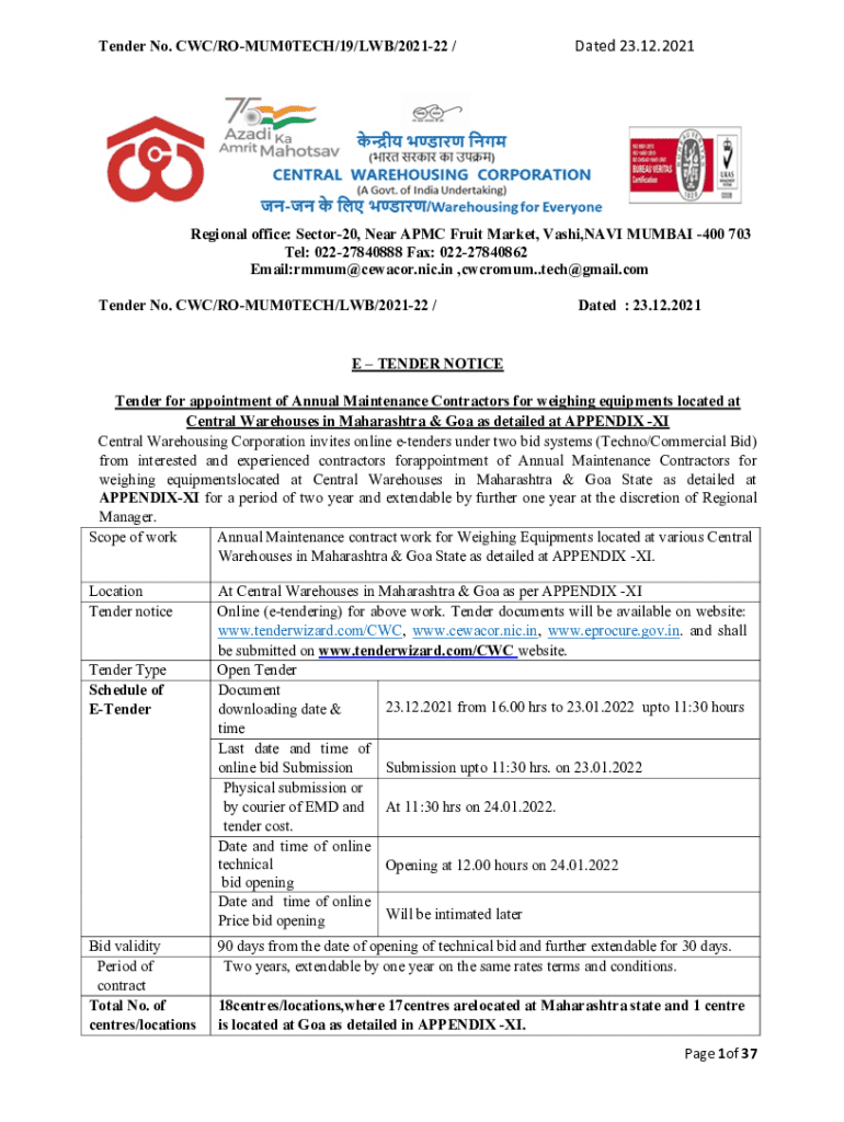 Fillable Online Tender No. Cwc/ro-mum0tech/19/lwb/2021-22 Fax Email ...