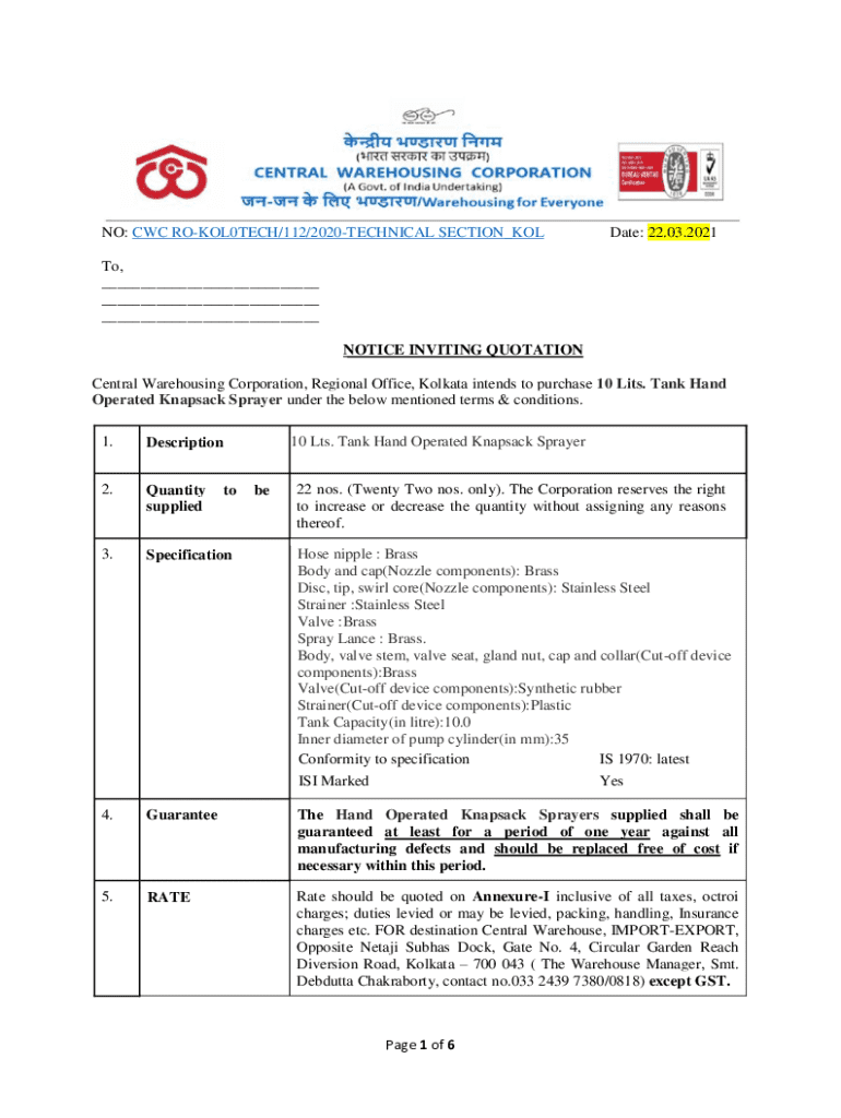 Fillable Online Notice Inviting Quotation for Hand Operated Knapsack Sprayers Fax Email Print ...