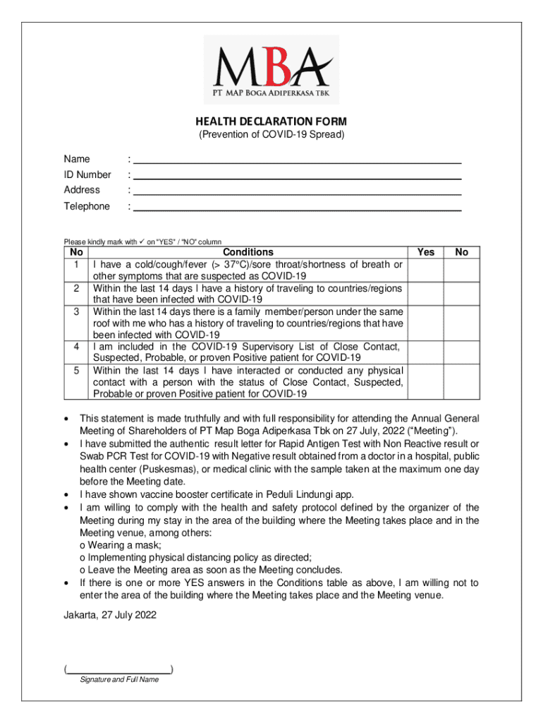Fillable Online Health Declaration Form (prevention of Covid-19 Spread ...
