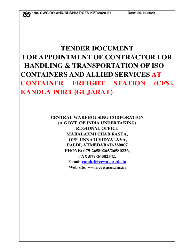 Fillable Online Tender No. Cwc/ro-ahd/busi/h&t/cfs-kpt/2020-21 Fax ...