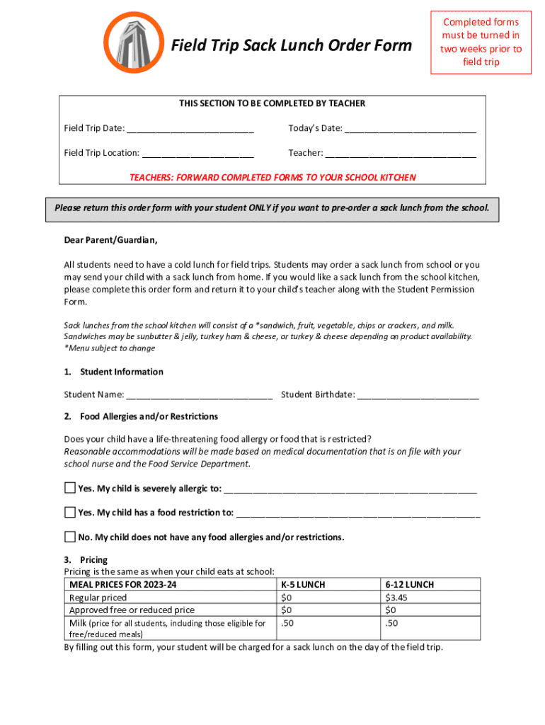 Fillable Online Field Trip Sack Lunch Order Form Fax Email Print ...
