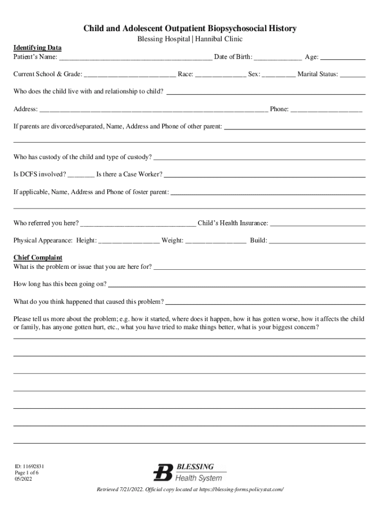 Fillable Online Child and Adolescent Outpatient Biopsychosocial History ...