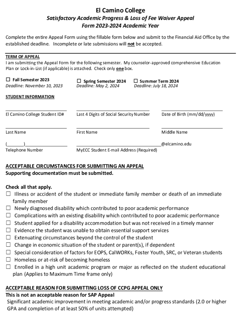 Fillable Online Satisfactory Academic Progress (sap) and Loss of Fee Waiver Appeal Instructions ...