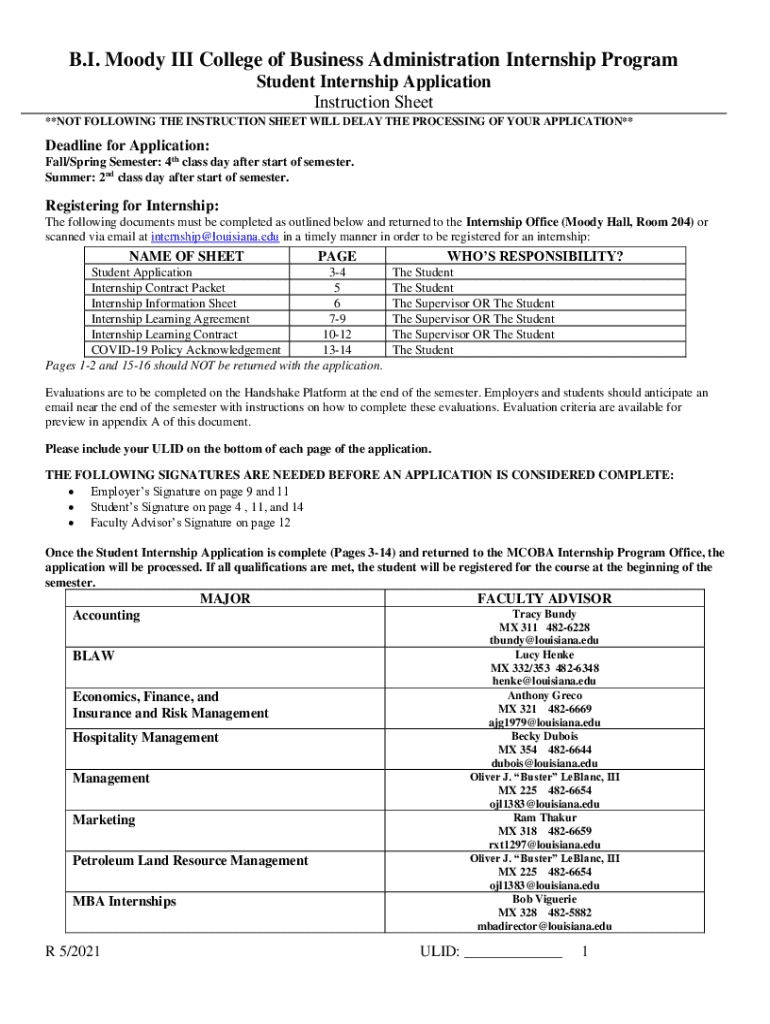 Fillable Online B.i. Moody Iii College of Business Administration Internship Program Fax Email ...