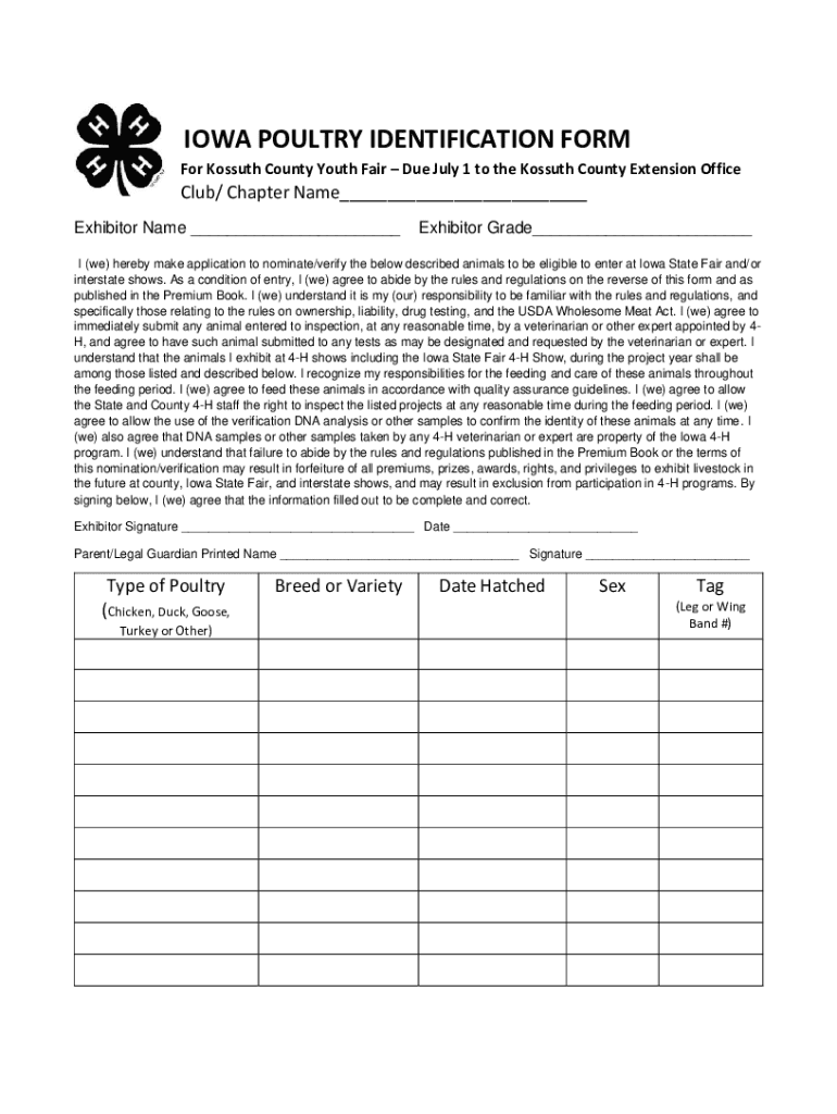 Fillable Online Iowa Poultry Identification Form for Kossuth County ...