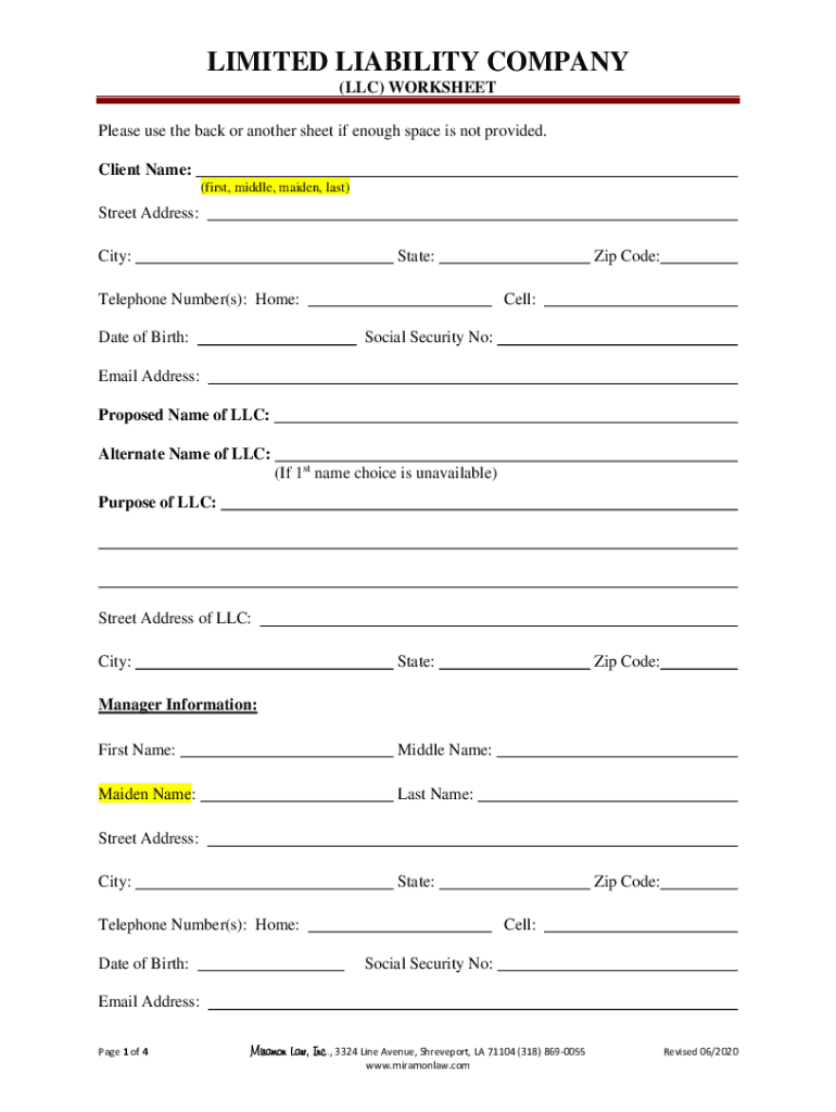 Fillable Online Limited Liability Company (llc) Worksheet Fax Email Print - pdfFiller