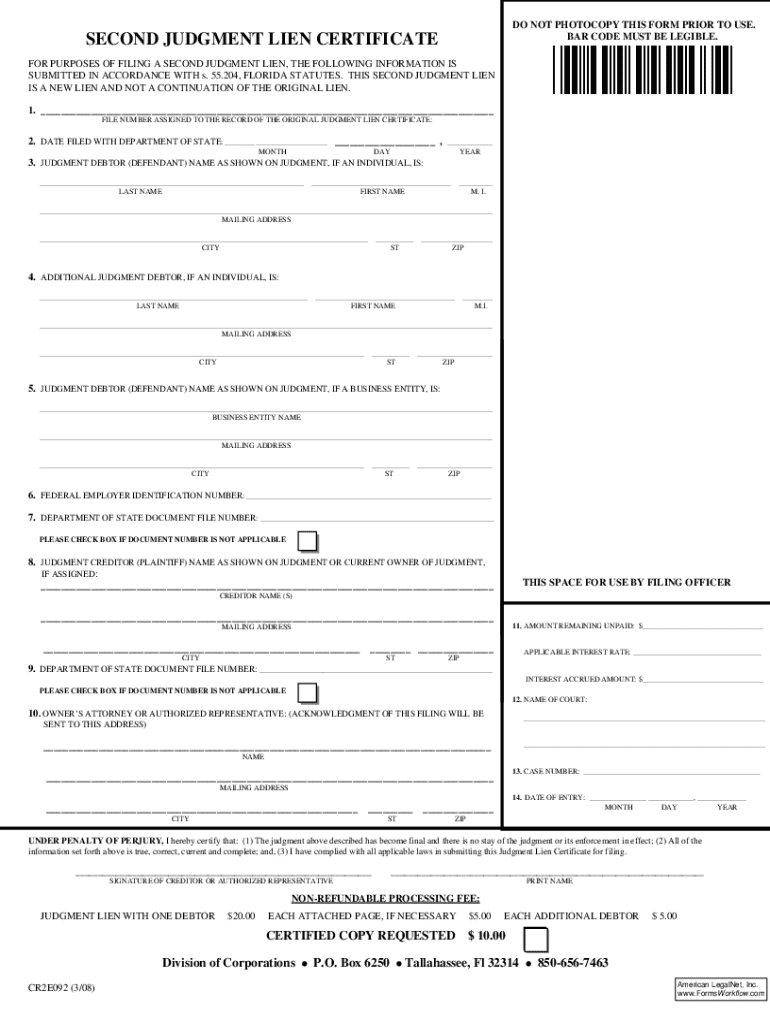 Fillable Online Second Judgment Lien Certificate Fax Email Print ...