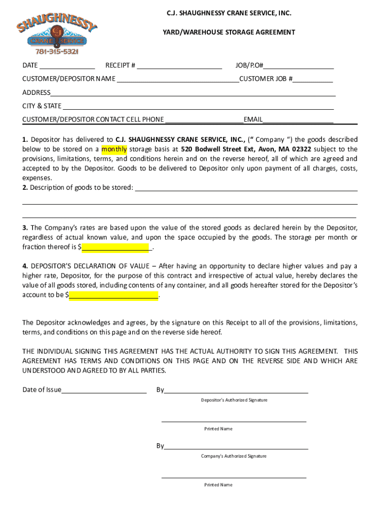 Fillable Online C.j. Shaughnessy Crane Service, Inc. Yard/warehouse ...