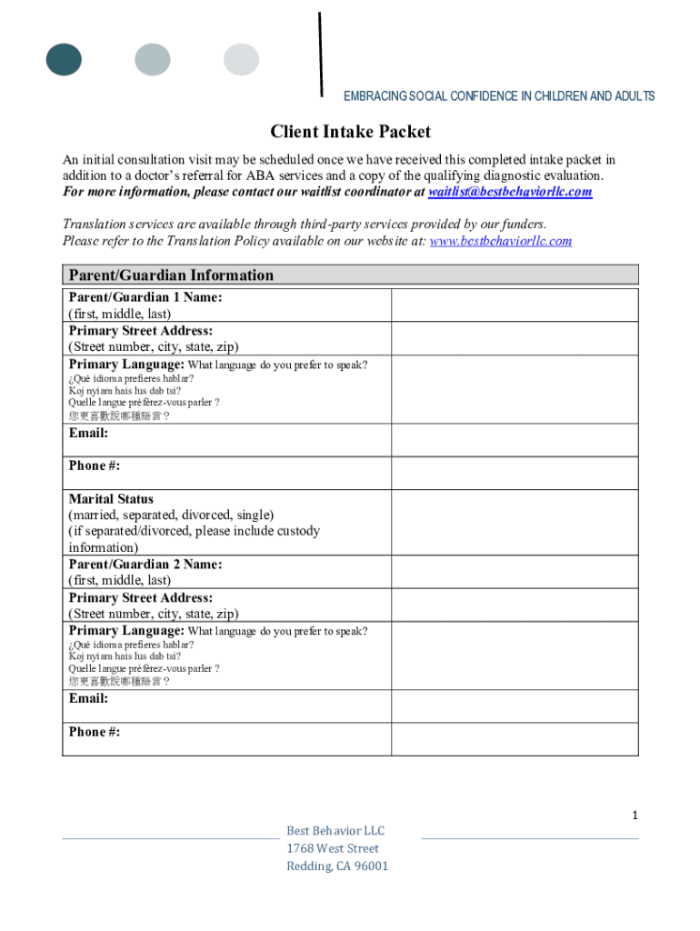 Fillable Online Client Intake Packet for Aba Services Fax Email Print ...