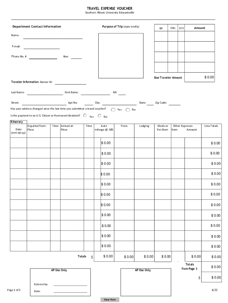 Fillable Online Travel Expense Voucher - Southern Illinois University ...