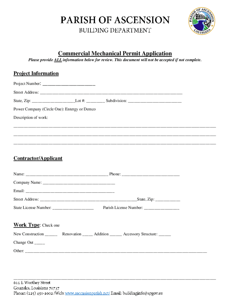 Fillable Online Commercial Mechanical Permit Application Fax Email ...