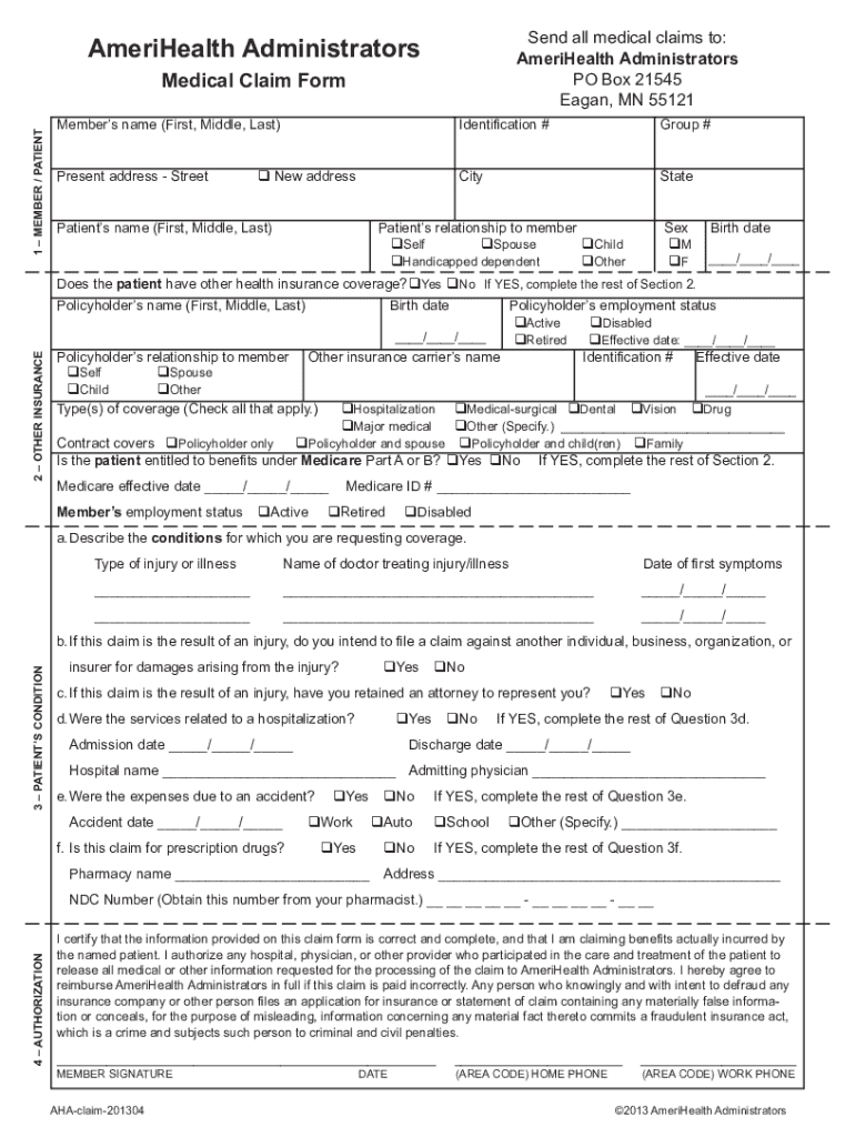 Fillable Online Amerihealth Administrators Medical Claim Form Fax Email Print - pdfFiller