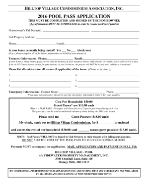 Fillable Online Hilltop Village Condominium Association Pool Pass ...