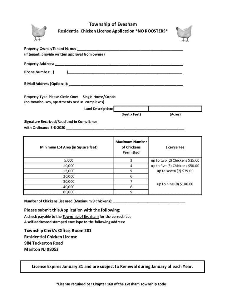 Fillable Online Township of Evesham Residential Chicken License ...