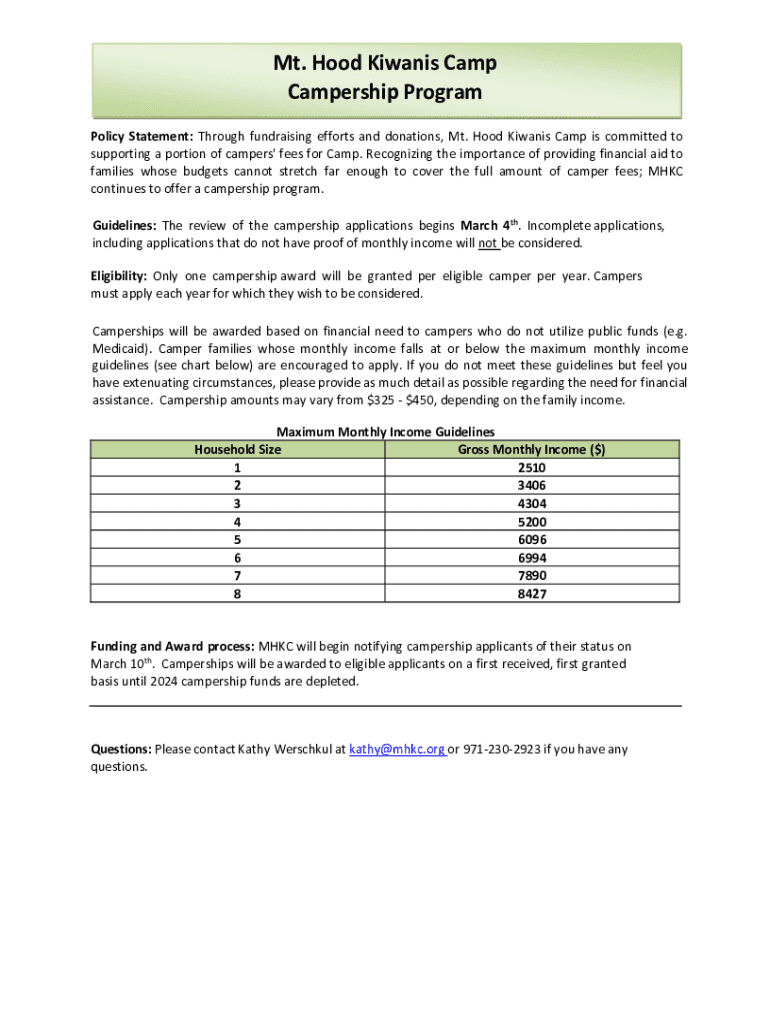 Fillable Online Mt. Hood Kiwanis Camp Campership Program Fax Email ...