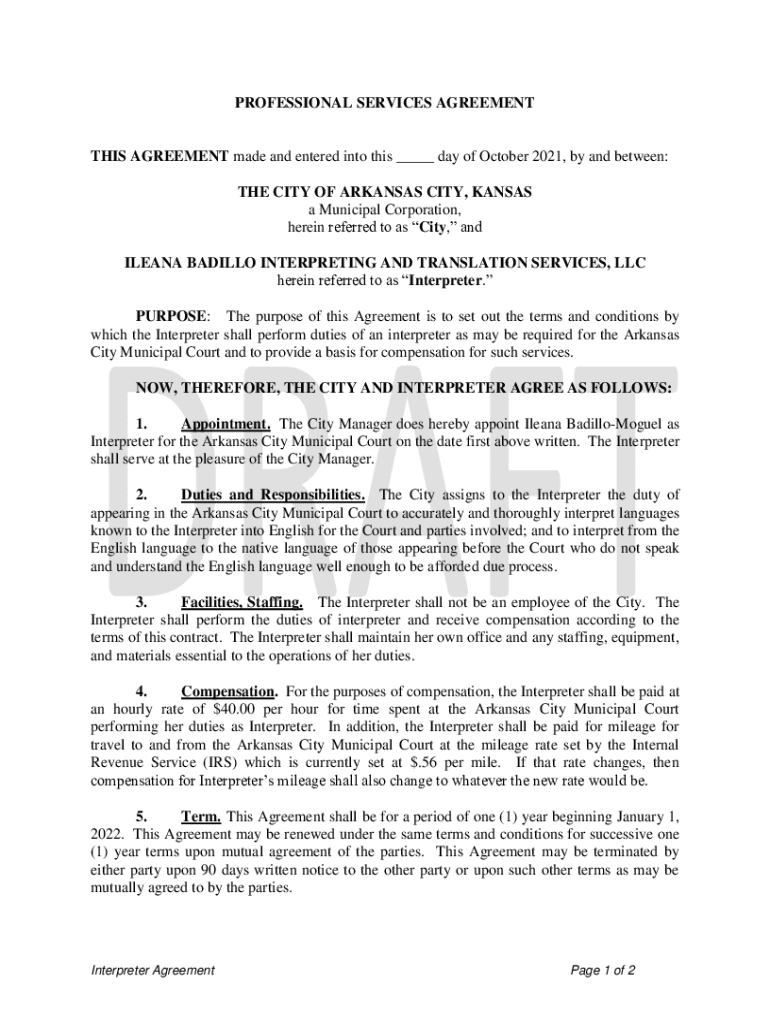Fillable Online Professional Services Agreement for Interpreter ...