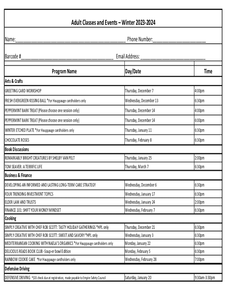Fillable Online Adult Classes and Events Fax Email Print - pdfFiller