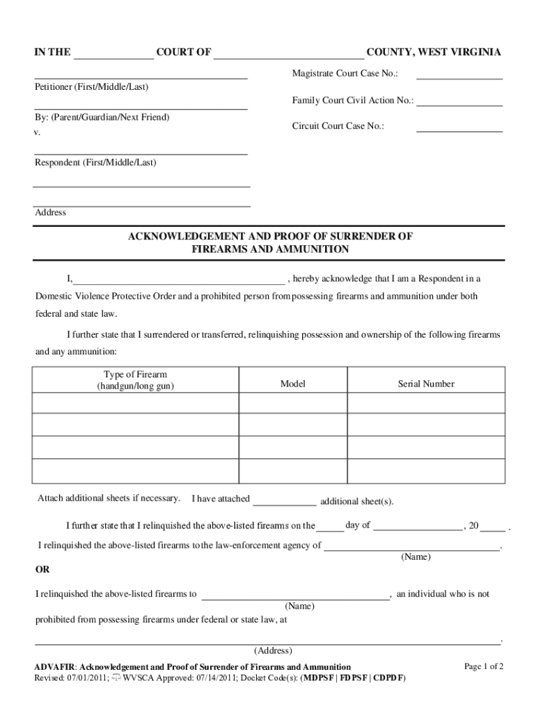 Fillable Online Acknowledgement and Proof of Surrender of Firearms and ...