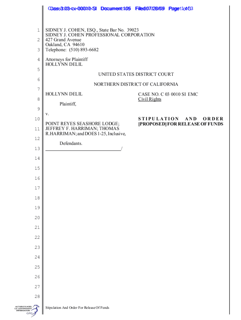Fillable Online Stipulation and Order [proposed] for Release of Funds ...