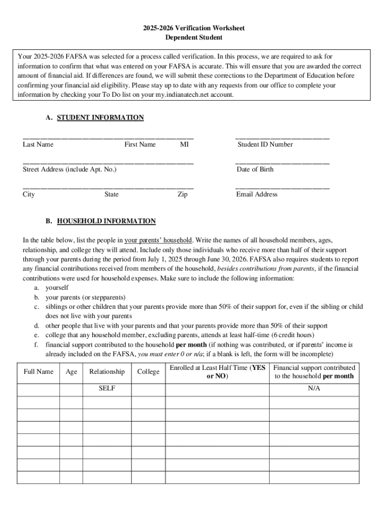 Fillable Online Dependent Student Verification Worksheet Fax Email Print - pdfFiller