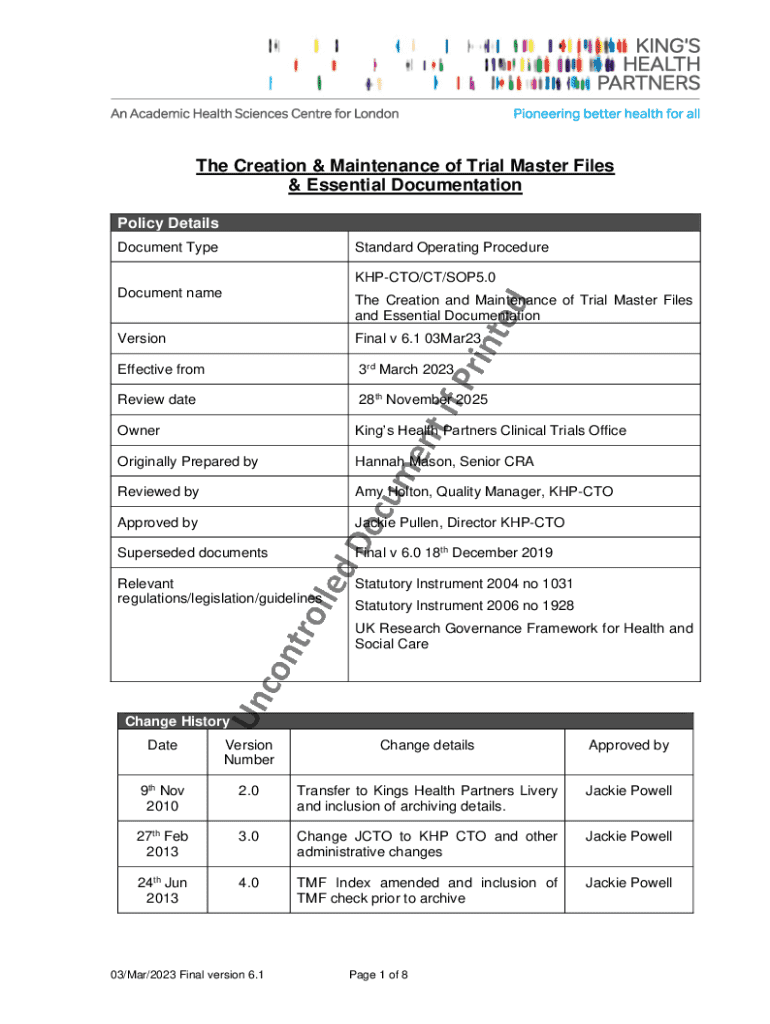 Fillable Online the Creation & Maintenance of Trial Master Files ...