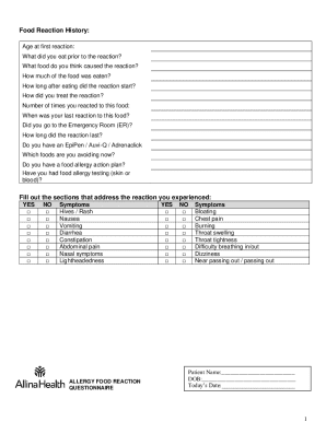 Fillable Online Allergy Food Reaction Questionnaire Fax Email Print ...