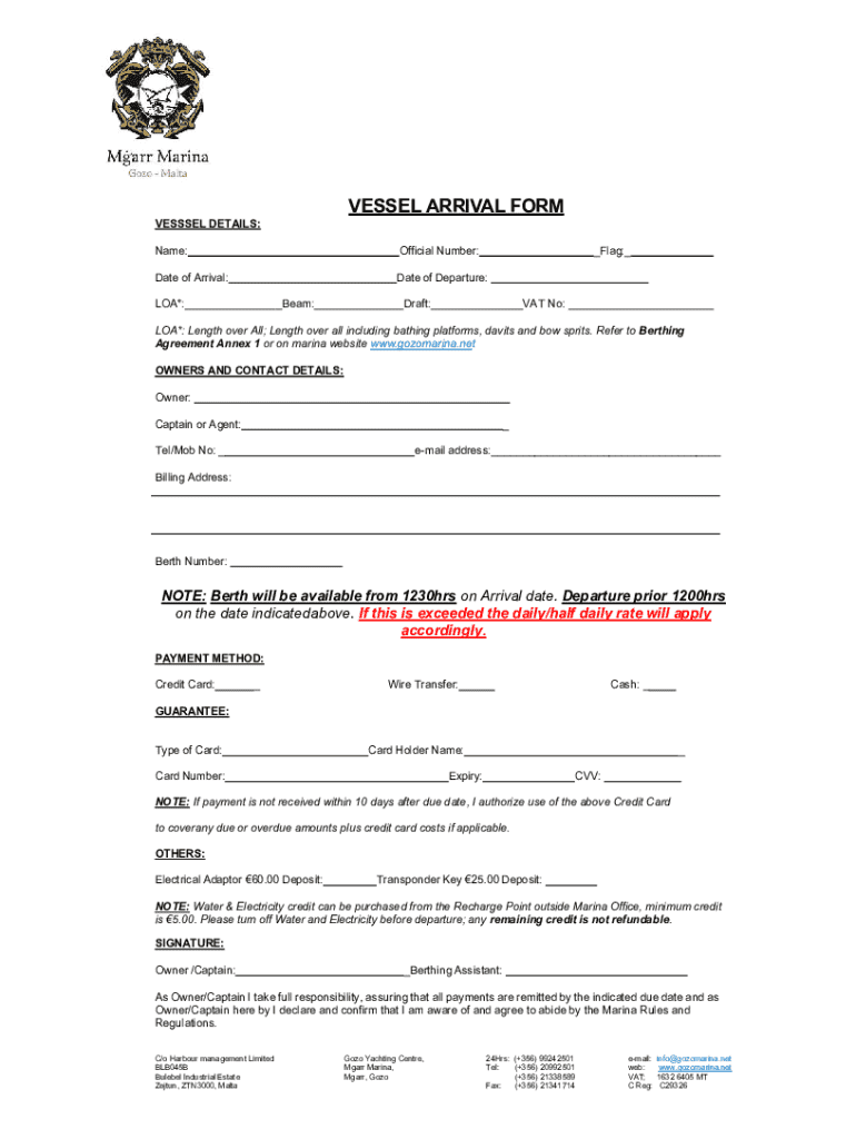 Fillable Online Vessel Arrival Form Fax Email Print - pdfFiller