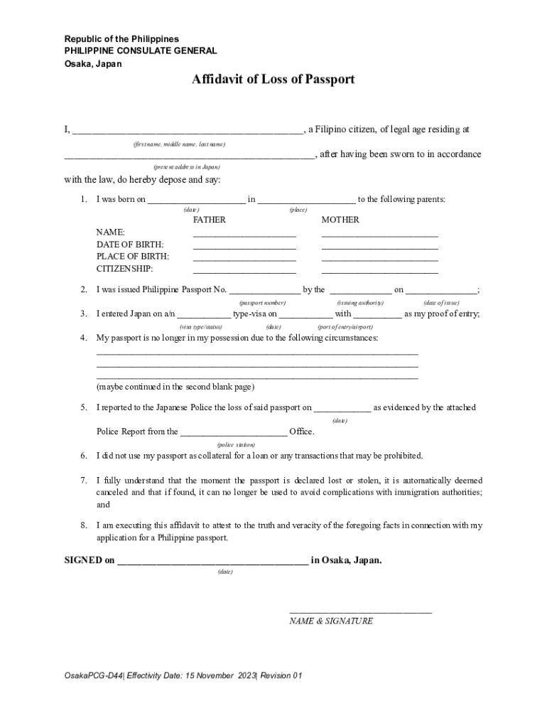 Fillable Online Affidavit of Loss of Passport Fax Email Print - pdfFiller