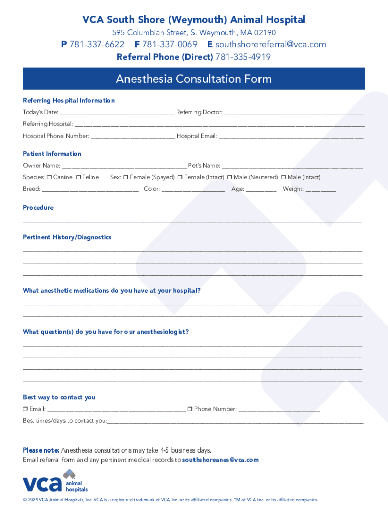 Fillable Online Vca South Shore (weymouth) Animal Hospital Anesthesia ...