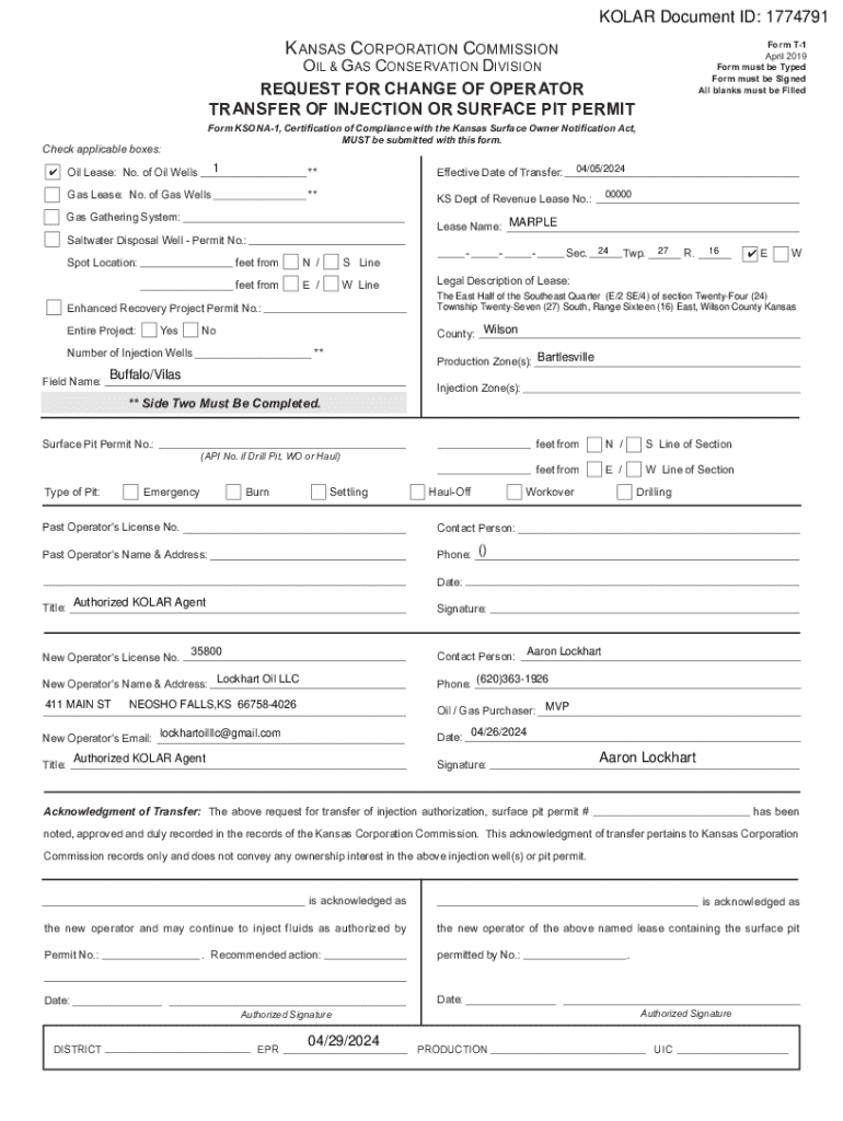Fillable Online Request for Change of Operator, Transfer of Injection ...
