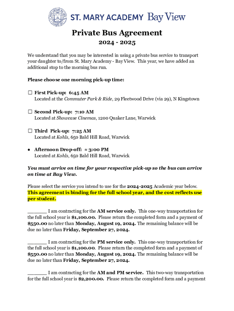 Fillable Online Private Bus Service Agreement for St. Mary Academy ...
