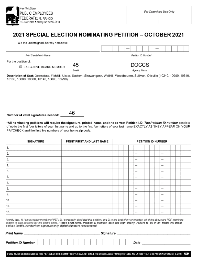 Fillable Online 2021 Special Election Nominating Petition Fax Email Print - pdfFiller
