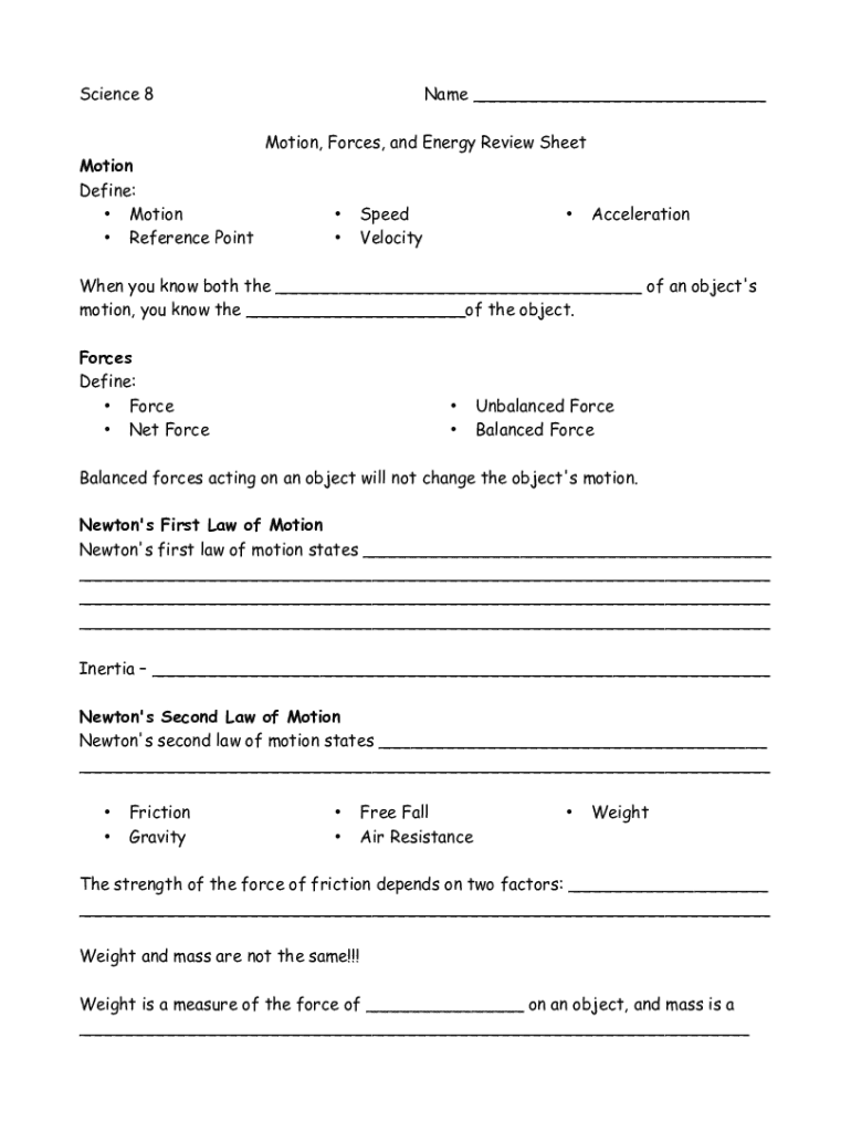 Fillable Online Motion, Forces, and Energy Review Sheet Fax Email Print ...