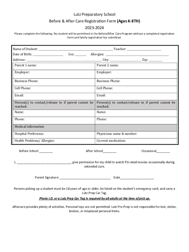 Fillable Online Lutz Preparatory School Before & After Care Registration Form (ages K-8th) 2023 ...