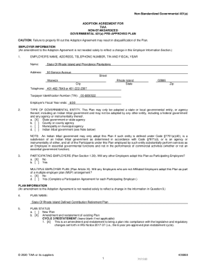 Fillable Online Adoption Agreement for Tiaa Non-standardized Governmental 401(a) Pre-approved ...