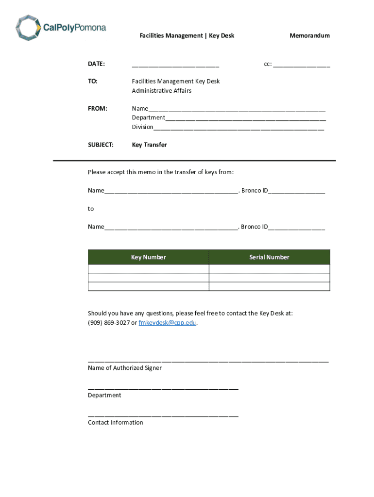 Fillable Online Key Transfer Memorandum Fax Email Print - pdfFiller