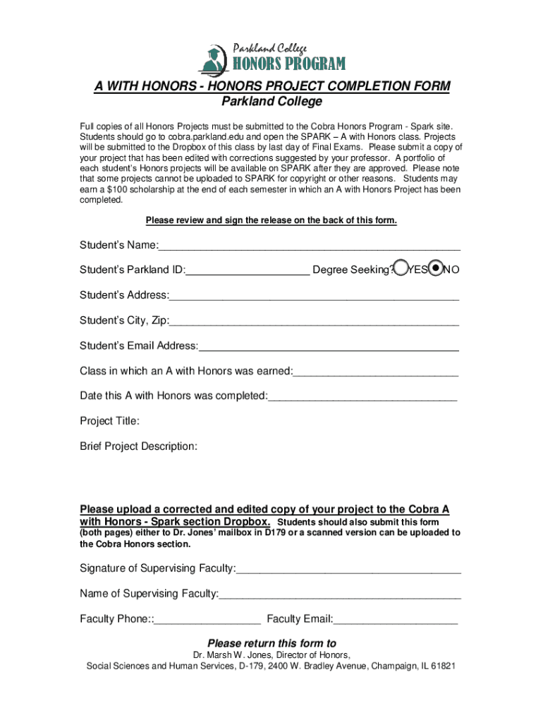 Fillable Online a With Honors - Honors Project Completion Form Fax ...