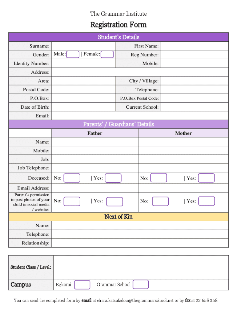 Fillable Online the Grammar Institute Registration Form Fax Email Print ...