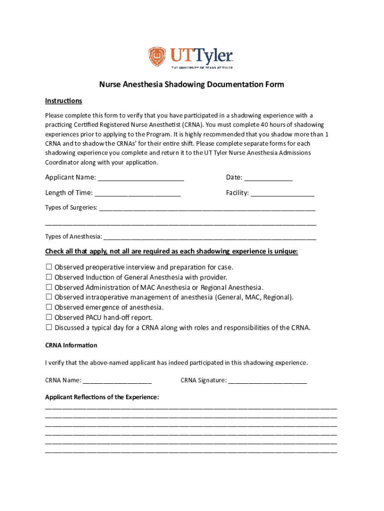 Fillable Online Nurse Anesthesia Shadowing Documentation Form Fax Email ...